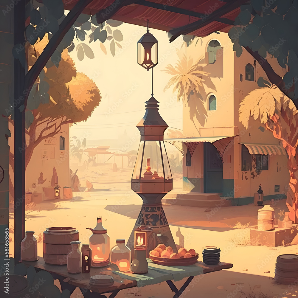 Ramadan Arab village scenery background illustrations, Arab street view ...