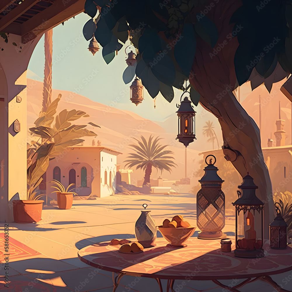 Ramadan Arab village scenery background illustrations, Arab street view ...
