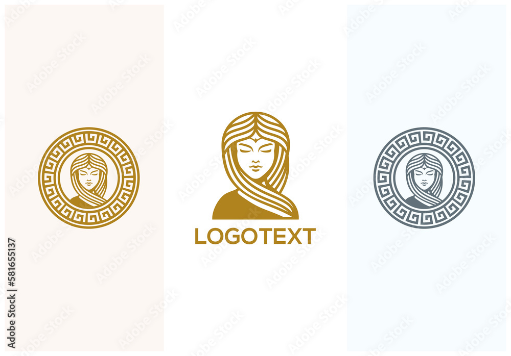 Greek Woman with Golden Circle Pattern logo illustration vector design ...