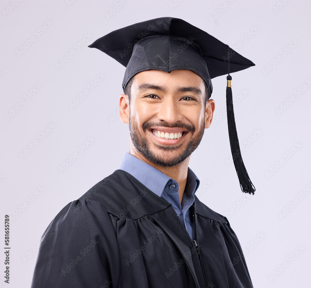 Smile, graduation and portrait of man in studio for education, college and academic success ...