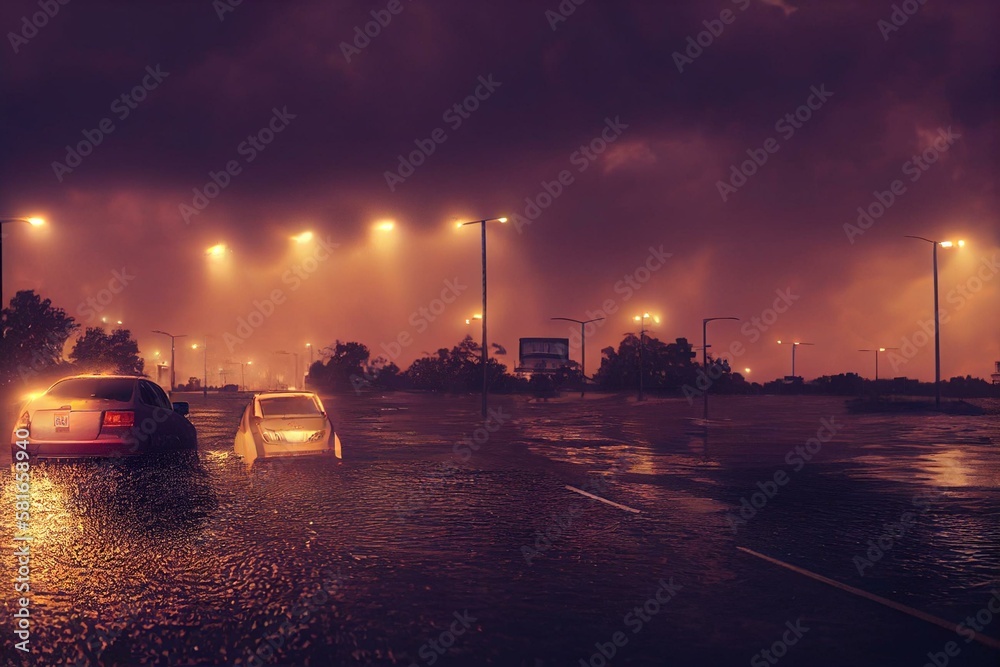 Flood paralyzed infrastructure caused by hurricane. Car drives along ...