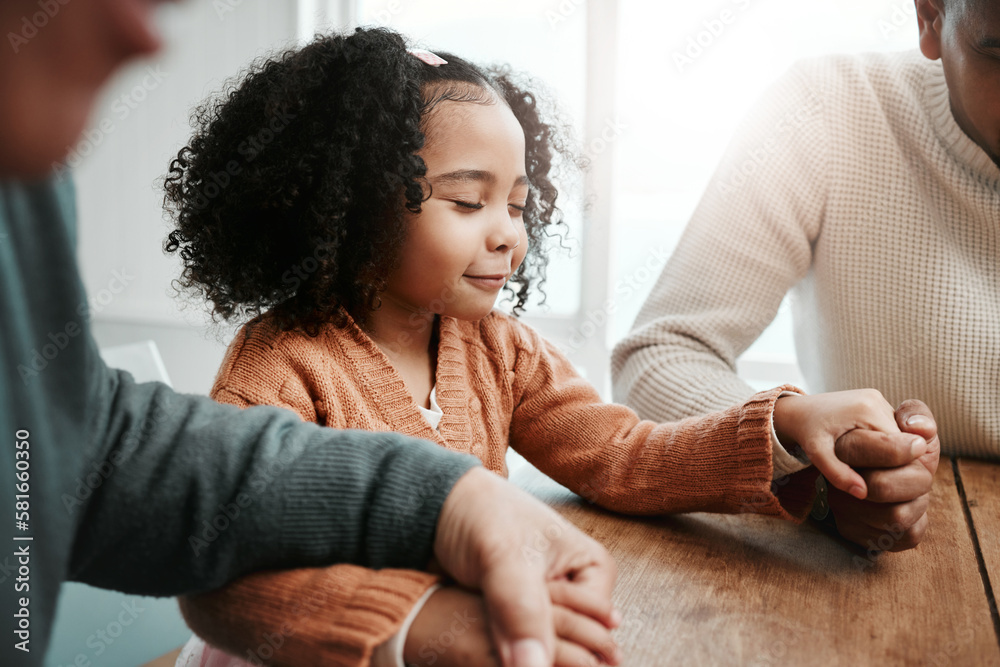 Worship, girl and family holding hands, praying and spiritual practice ...