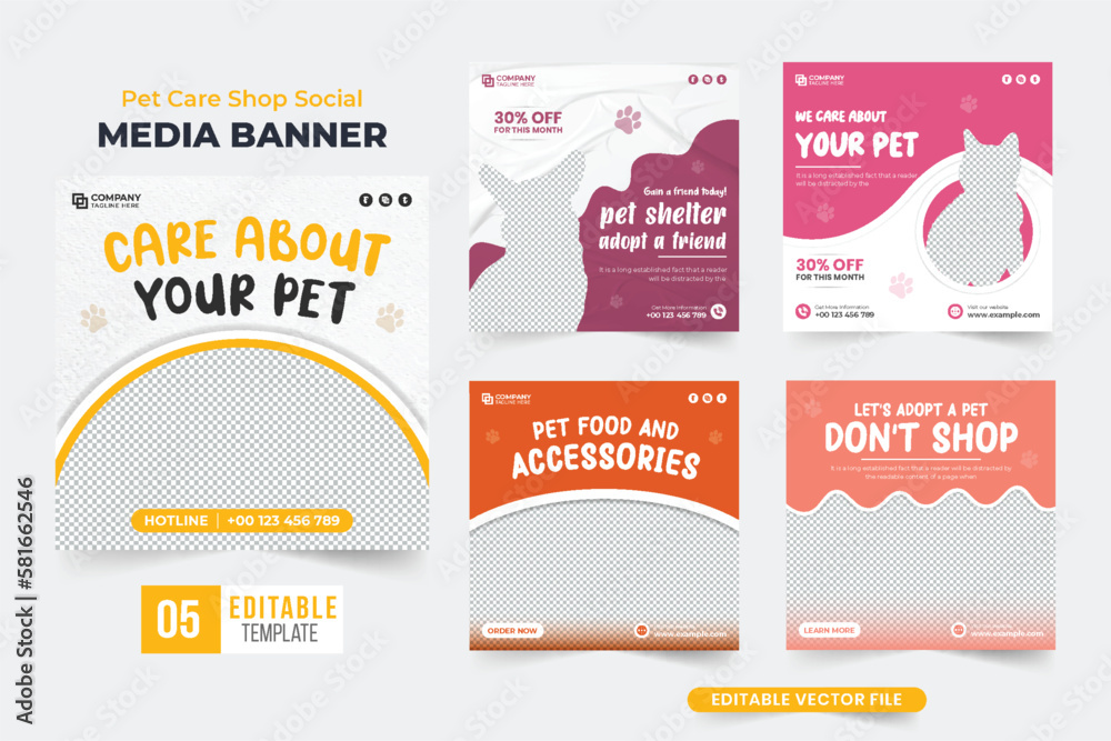 Vetor de Pet care shop social media post template collection for ...