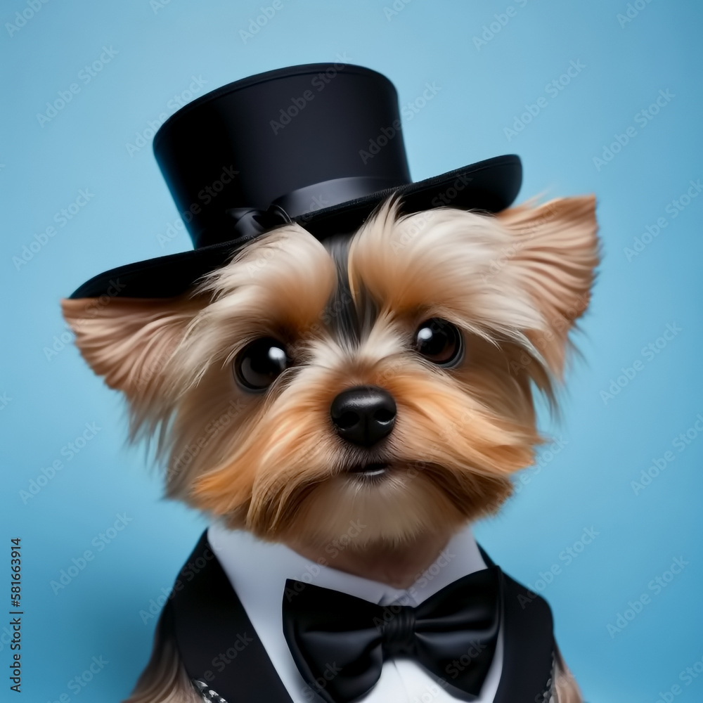Yorkshire terrier in a black top hat, black tuxedo and bowtie ...