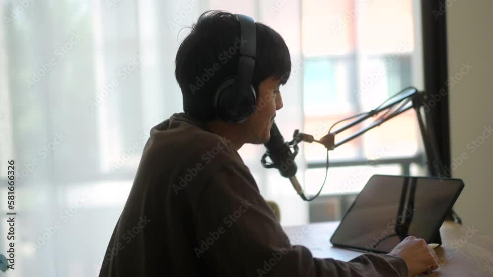 Podcast recording content creator. Man are hosting creator streaming in ...