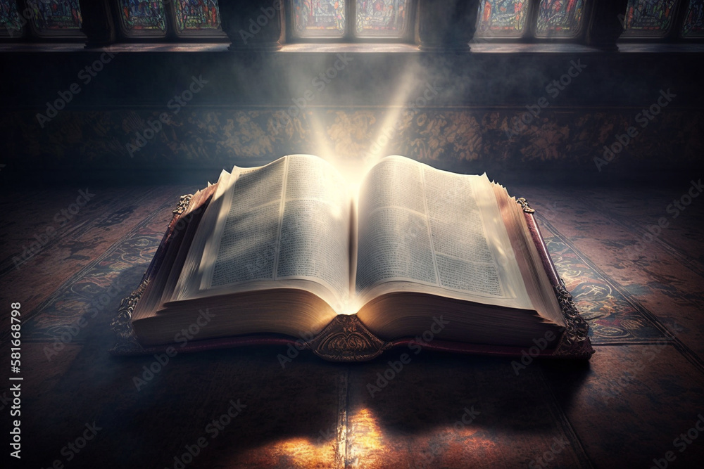 holy bible. An open book is reflected in table. Book as a symbol of ...