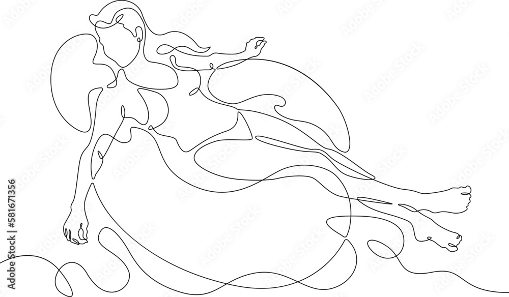 One continuous line. Girl with an inflatable circle. Bathing. Girl on ...