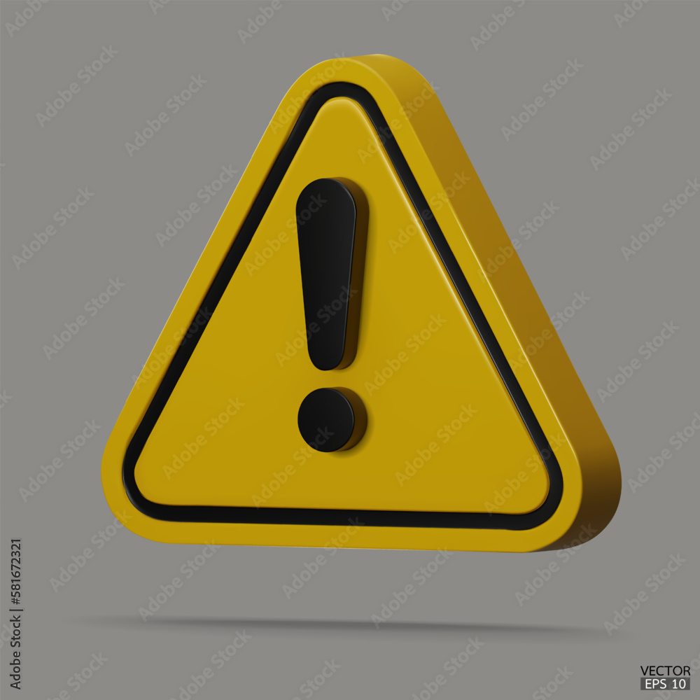 3d Realistic yellow triangle warning sign isolated on gray background ...