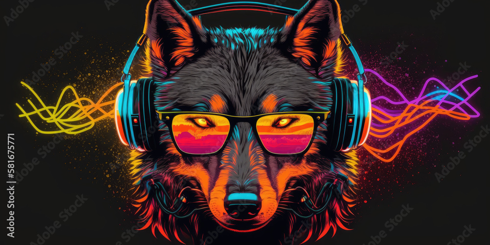 Cool neon party dj wolf in headphones and sunglasses, generative ai ...