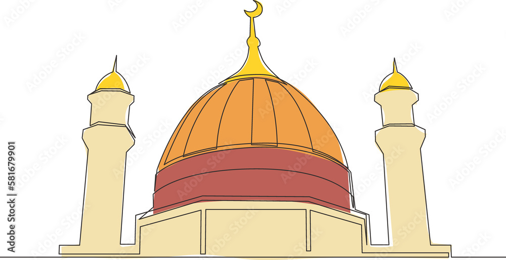 Single continuous line drawing of historical landmark mosque or masjid ...