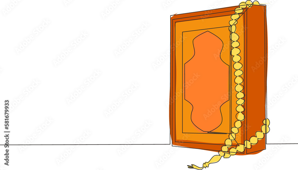 Single continuous line drawing of Quran holy book of muslim person and ...