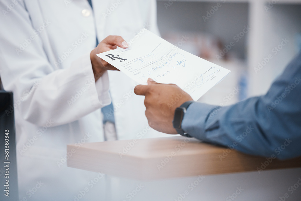 Stockfoto Pharmacy, prescription and hands of pharmacist with paper for ...