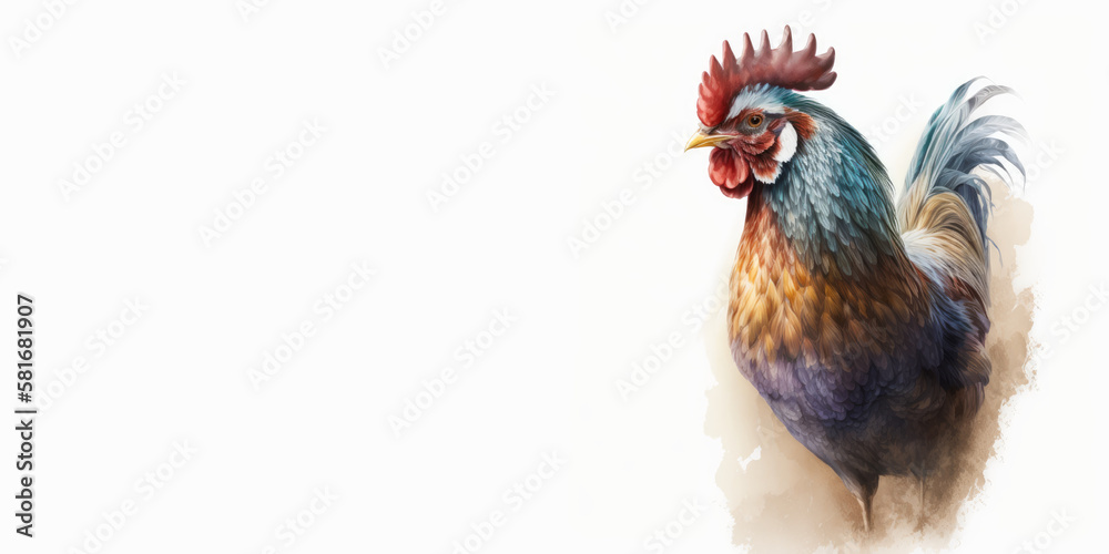 Watercolor drawing of a chicken on a white background. Chicken isolated ...