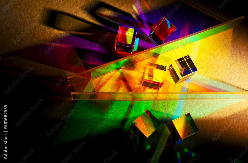 Artistic dispersion of artificial light, dichroic square glass cube and ...