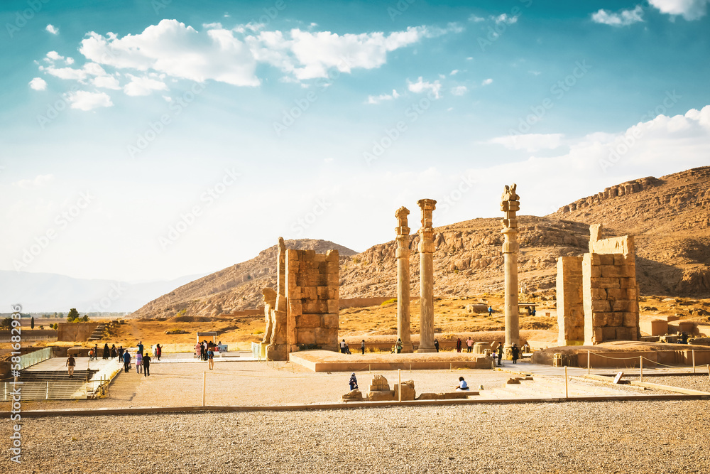 Persepolis, Iran - 8th june, 2022: group of tourist walk by giant ...