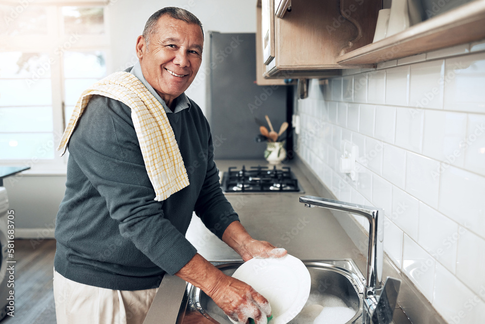 Cleaning Washing Dishes Or Portrait Of Happy Old Man With Soap Water In Kitchen Sink In Healthy
