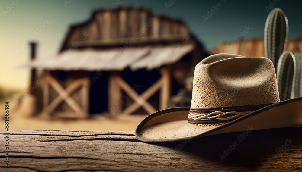 ภาพประกอบสต็อก Rural background with close up cowboy hat. Rustic ...