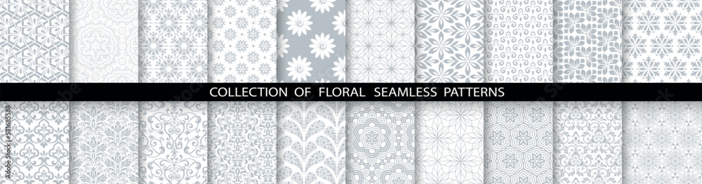Geometric floral set of seamless patterns. White and gray vector ...