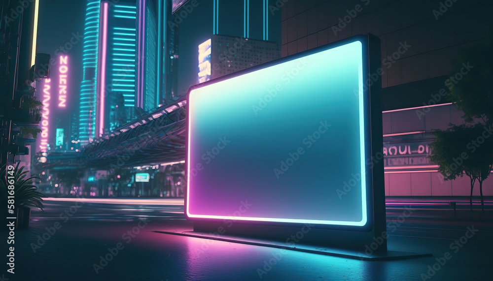 Bright neon lit billboard with empty clean copy space. Night big city ...