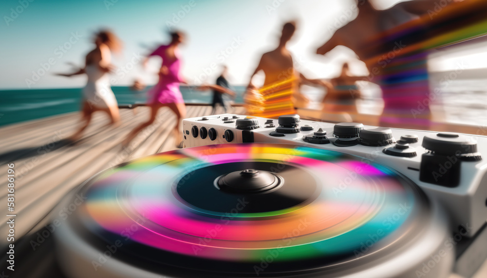 Dj turn table console on the foreground and blurred people crowd on the ...