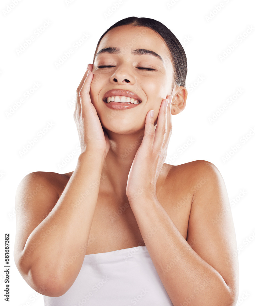 Skincare, eyes closed and happy woman with self love for cosmetic ...