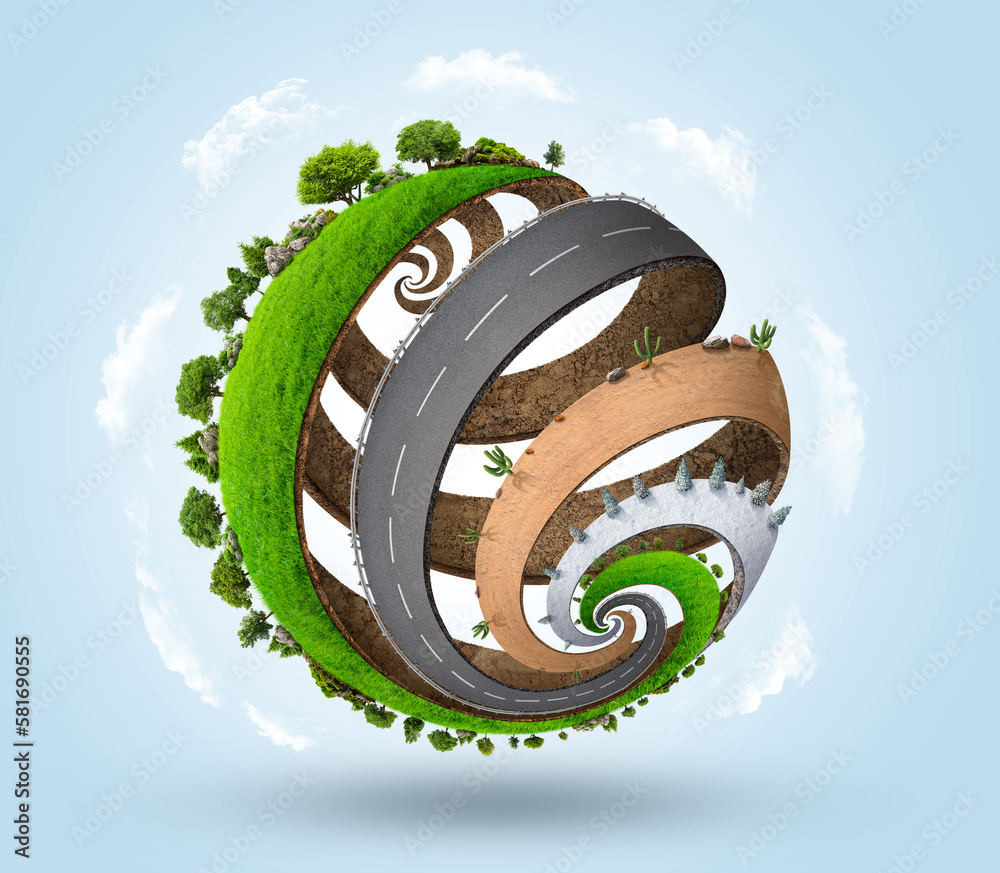 Earth globe shape 3D highway design city road, desert road, forest road ...