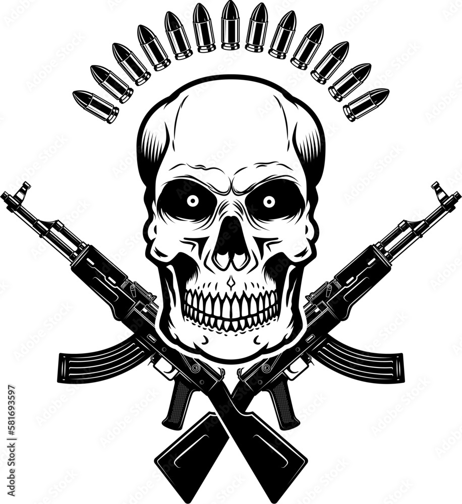 Illustration of the skull with crossed assault rifles. Design element ...