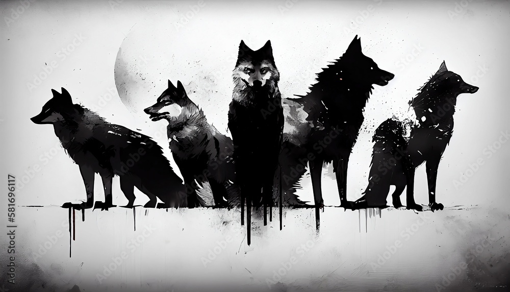 ภาพประกอบสต็อก Majestic Wolf Pack in the Style of a Legendary Artist ...
