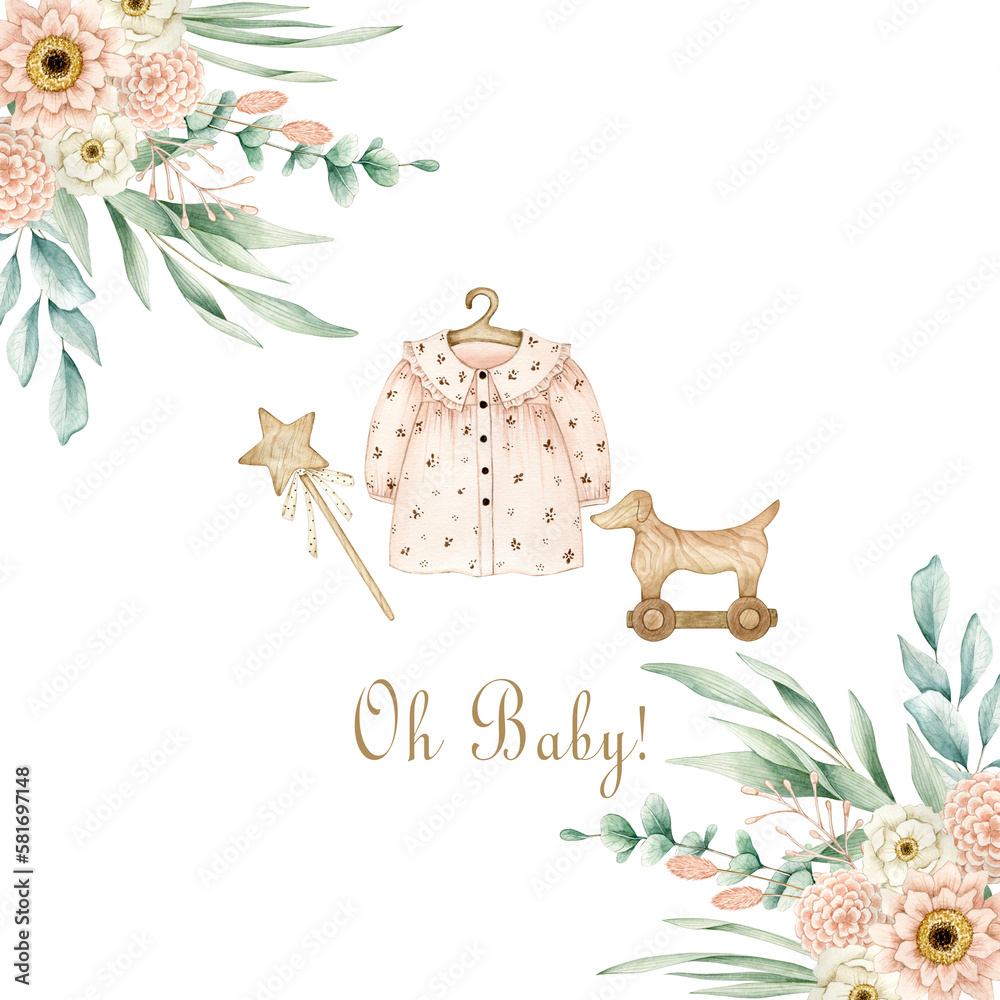 Watercolor illustration card oh baby with girl dress, toys, eucalyptus ...