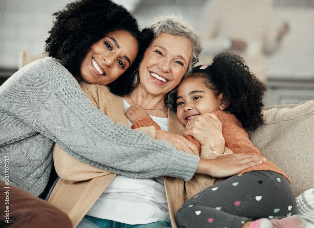 Happy, hug and portrait of family with affection, visit and bonding on ...