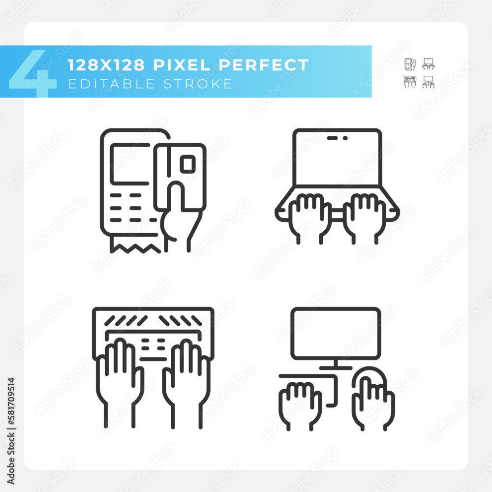 Hands using devices pixel perfect linear icons set. Opportunity for technology users. Computing ...