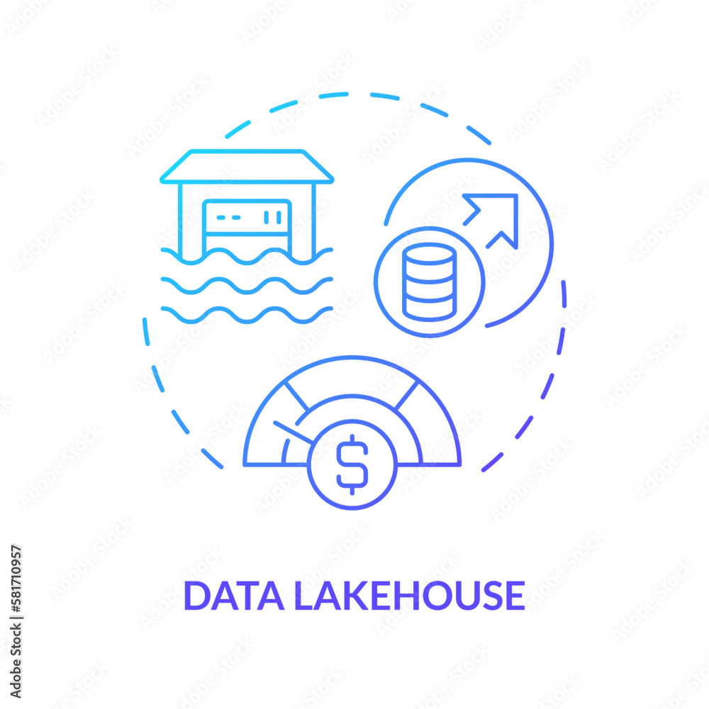 Data lakehouse blue gradient concept icon. Lake and warehouse combination. Data repository ...