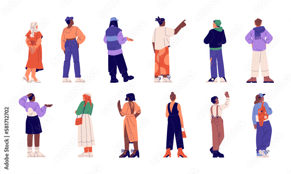 Characters back rear view set. People standing, turned backside ...