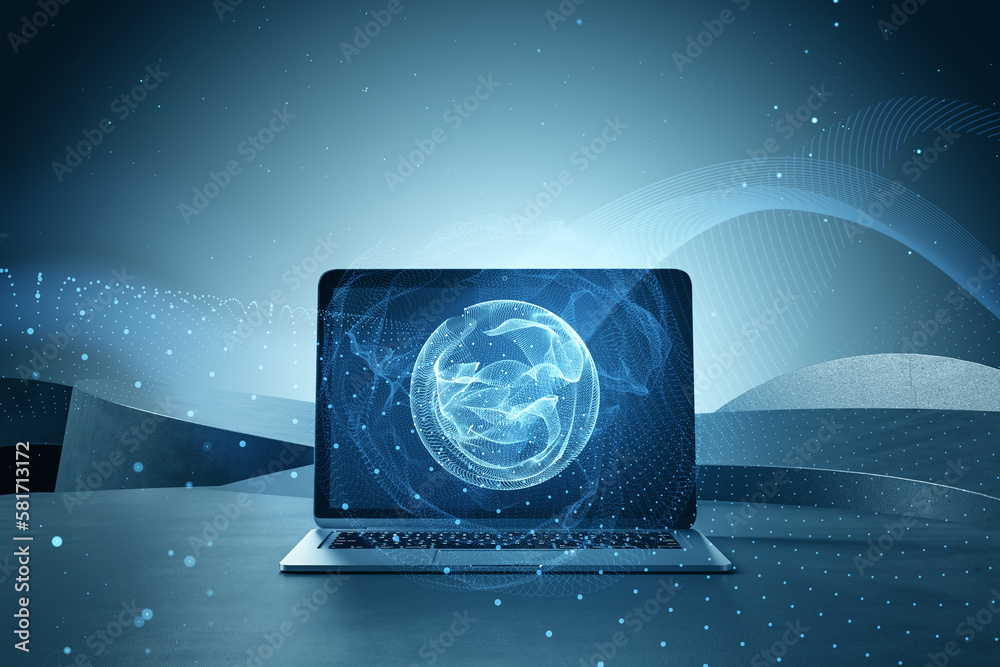 Close up of laptop computer on desktop with polygonal globe on blurry ...