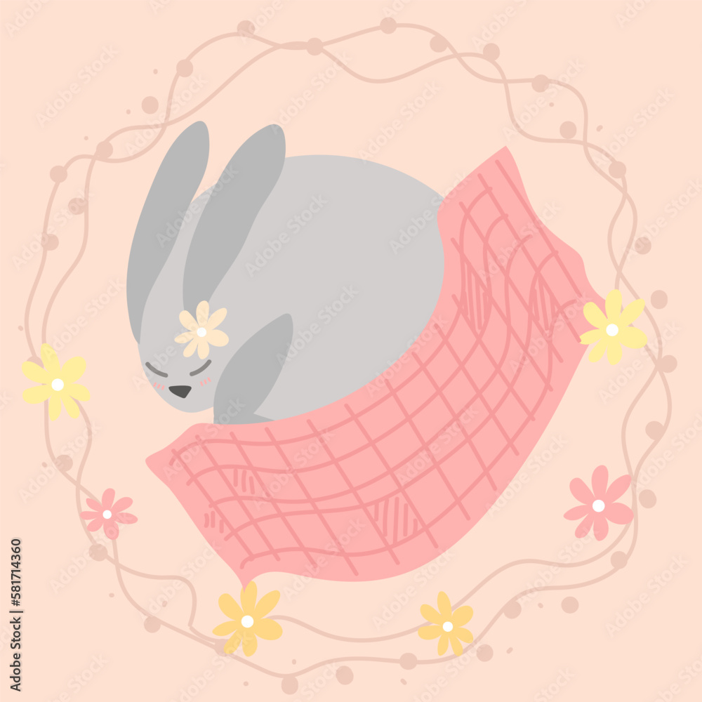 Sleeping Bunny. Simple Hand Drawn Print with Cute White Rabbit Under a ...