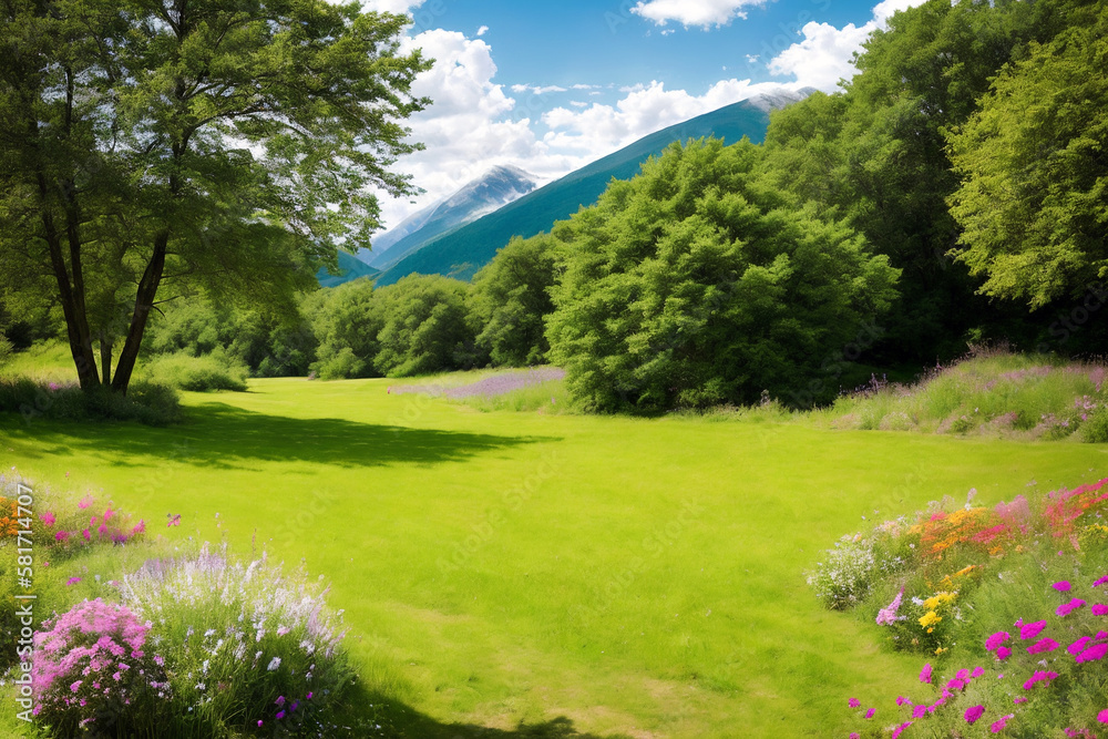 Beautiful summer landscape in nature, trees, mountains, fields, lakes ...