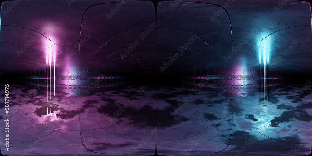 Futuristic neon lights interior Hdri. 360 panoramic view of a cyber ...