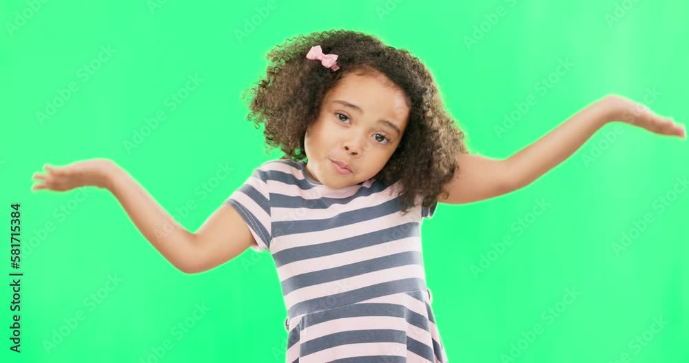 Confused, question and child shoulder shrugging and unsure raise arms ...