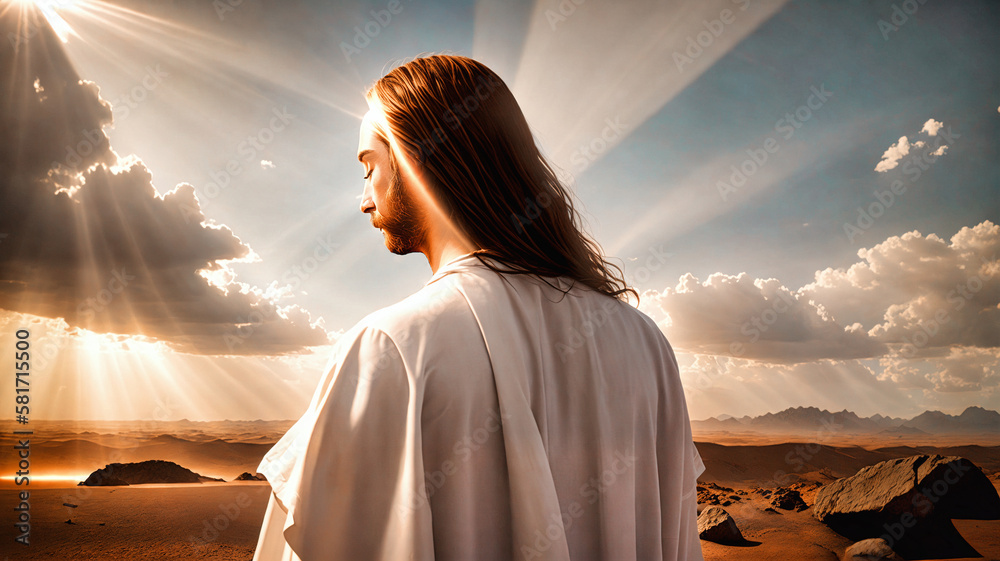 back view of jesus christ in white clothes staying at sand desert with ...