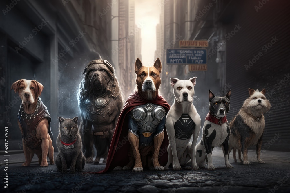 Gang of dogs as superheroes with cape on cityscape background. Created ...
