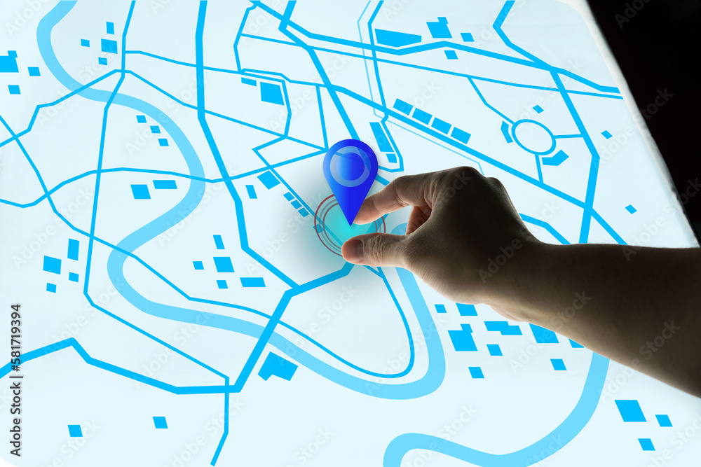 man hand pinch on digital map for location of place by bookmark in ...