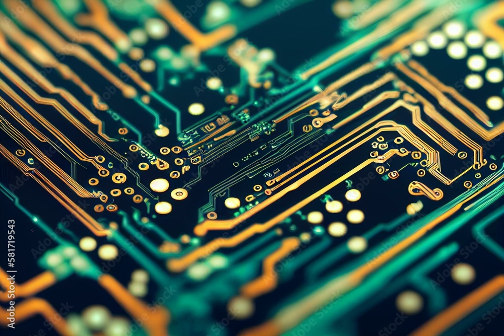 Printed circuit board futuristic server/Circuit board futuristic server code processing. Orange ...