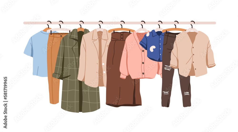 Clothes hanging on rack, hanger rail. Casual female wardrobe, modern ...