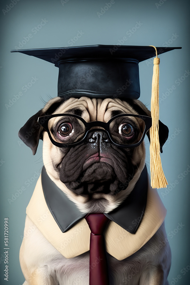Cute funny pug professor wearing tie and graduation hat. Clever dog ...