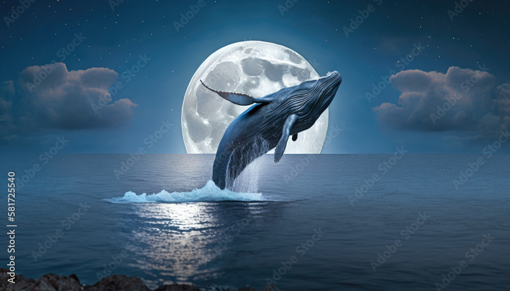 Whale leaping out of the sea amid huge full moon created with ...