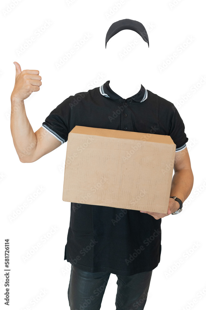 man holding up a cardboard box and thumb pointing at something ...
