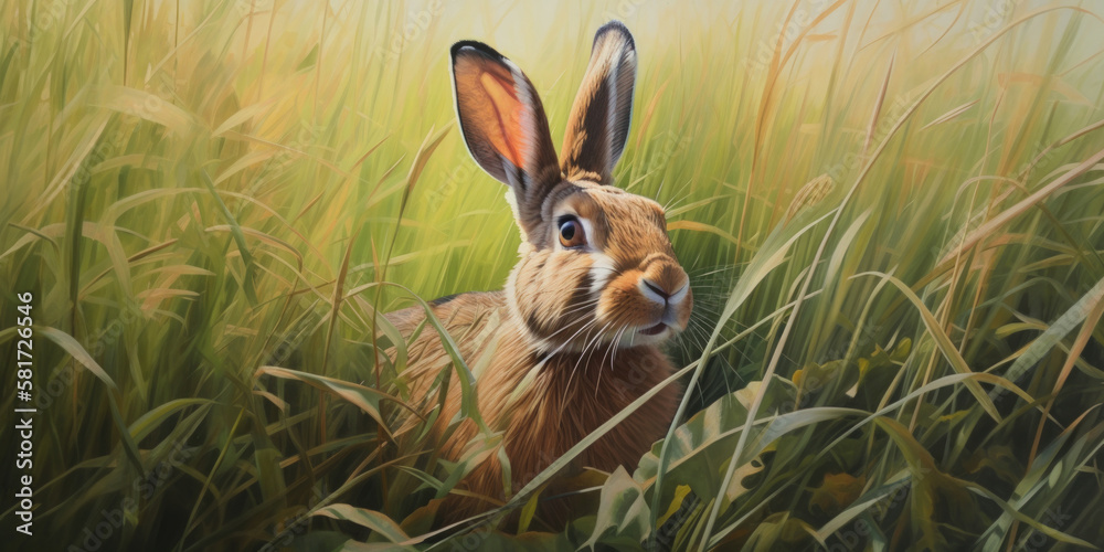 tic depiction of a furry grey rabbit sitting among the slender blades ...