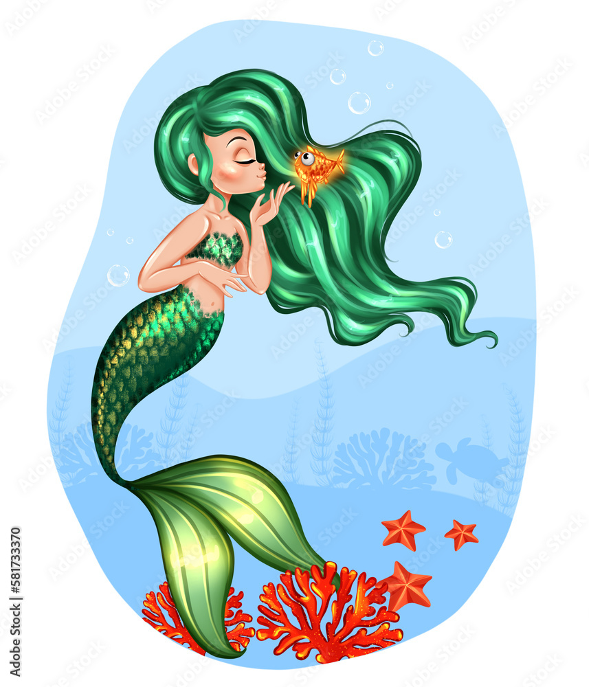 Beautiful little mermaid girl swimming underwater illustration. Pisces ...