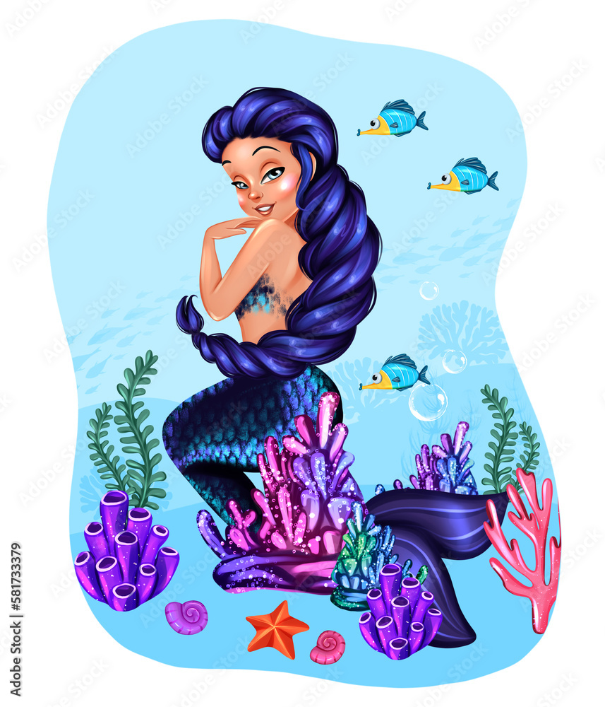 Beautiful little mermaid girl swimming underwater illustration. Scorpio ...