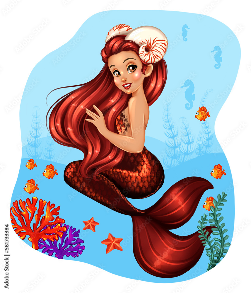 Beautiful little mermaid girl swimming underwater illustration. Aries ...